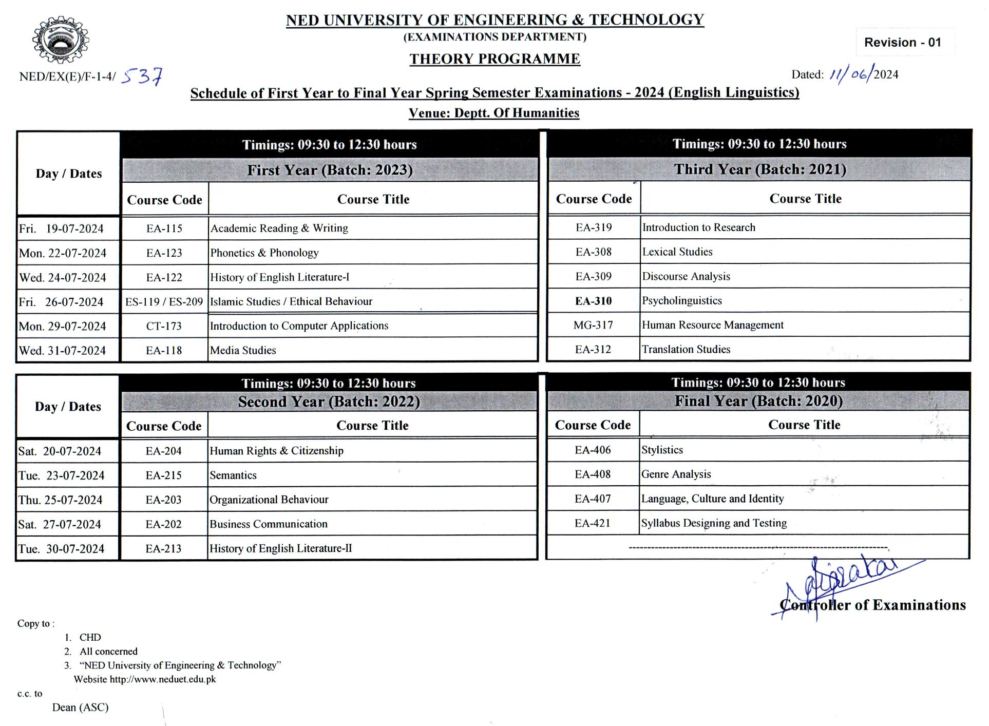 Examinations Schedules | NED University of Engineering & Technology